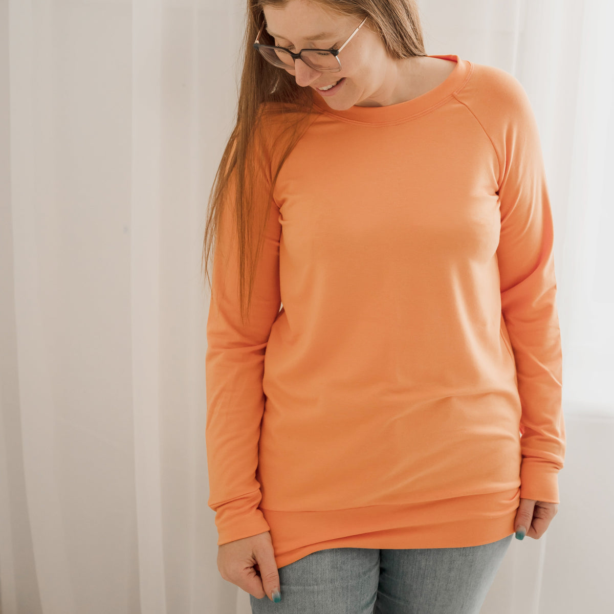 Chandail reglan Camille orange fluo à manche longue en bambou avec ban ...